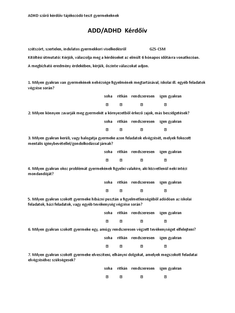 ADHD Teszt Gyerekeknek | PDF