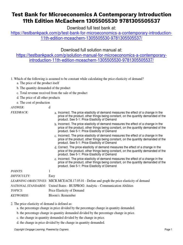Microeconomics A Contemporary Introduction 11th Edition McEachern Test ...