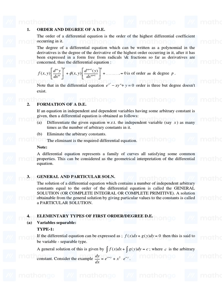 Differential Equation - Formula Sheet - MathonGo | PDF | Equations ...
