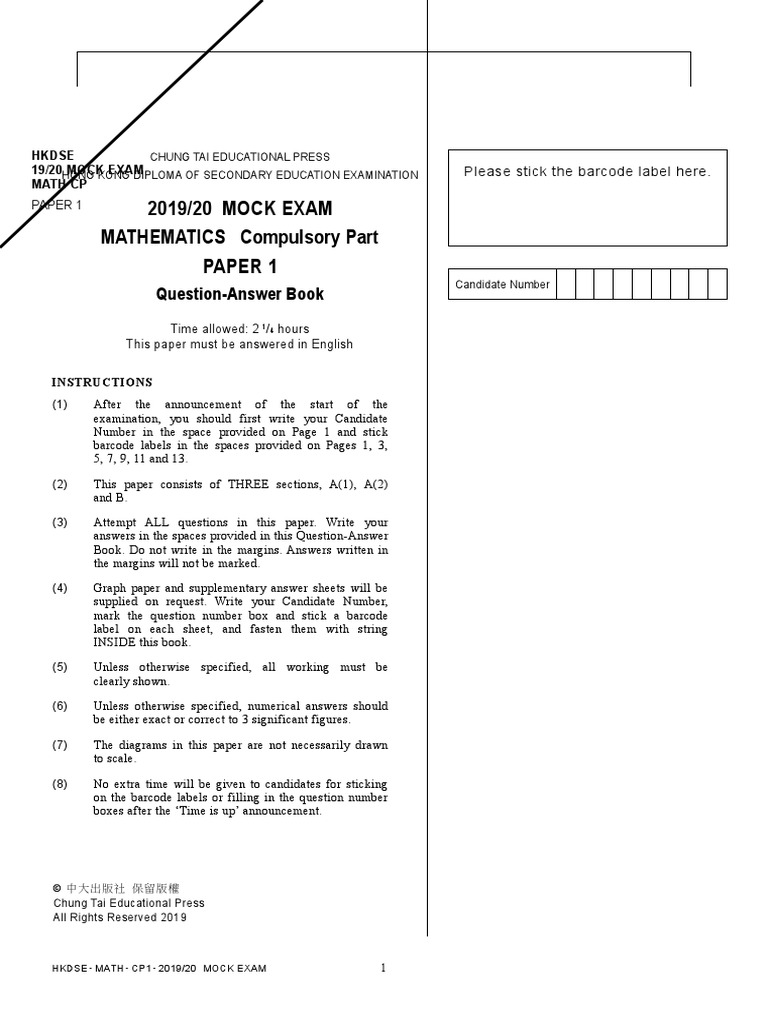 2019/20 MOCK EXAM MATHEMATICS Compulsory Part Paper 1: Question-Answer Book | PDF | Mathematics ...