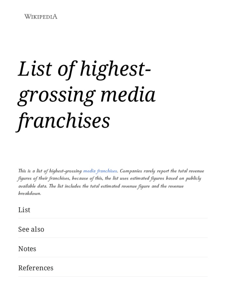List of Highest-Grossing Media Franchises - Wikipedia | PDF