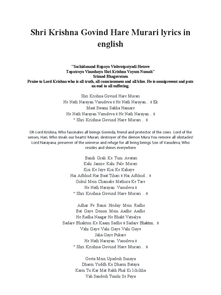 Shri Krishna Govind Hare Murari Lyrics in English | PDF