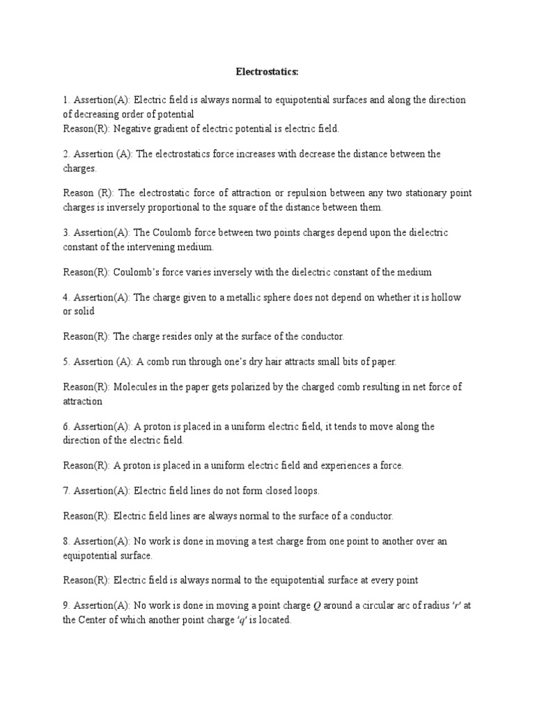 Electrostatics Important Questions | PDF