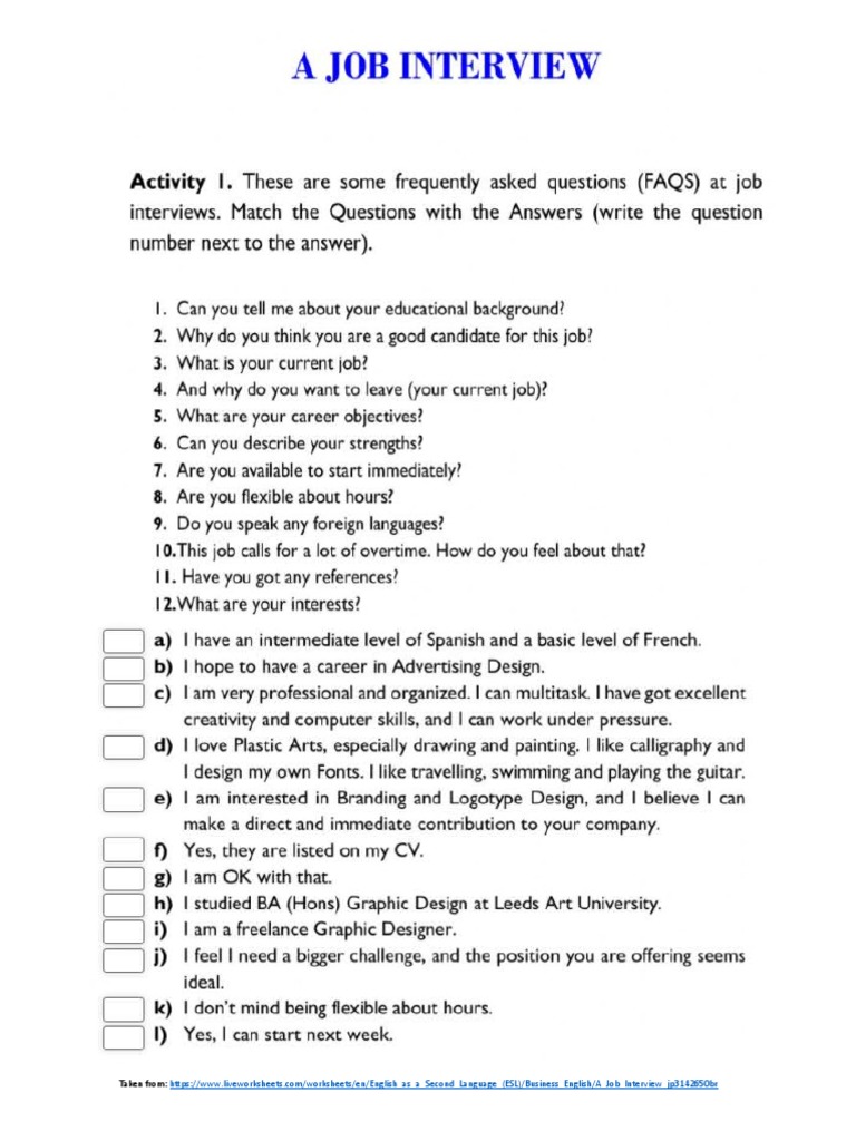 Job Interview Worksheet | PDF | Art