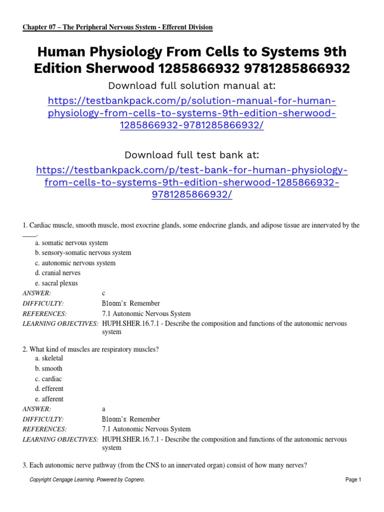 Human Physiology From Cells To Systems 9th Edition Sherwood Test Bank ...