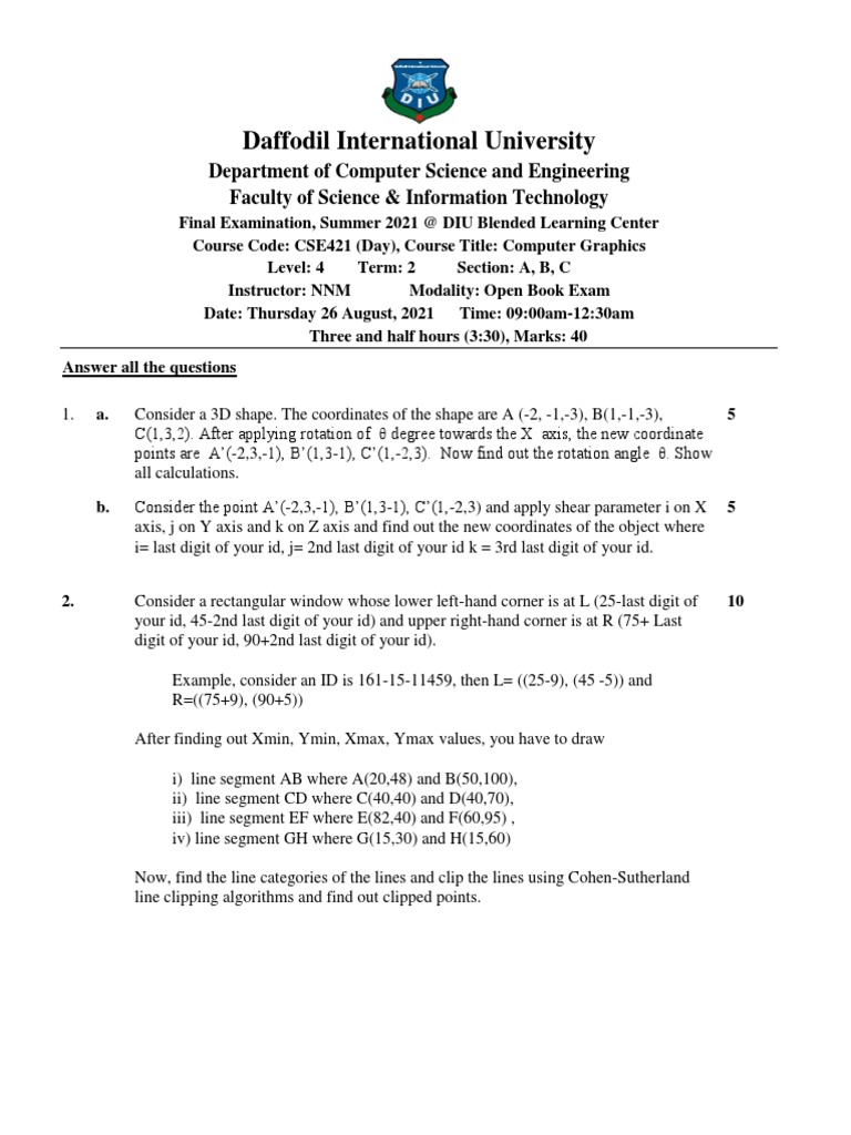Computer Graphics Question For Final Exam | PDF | Cartesian Coordinate ...
