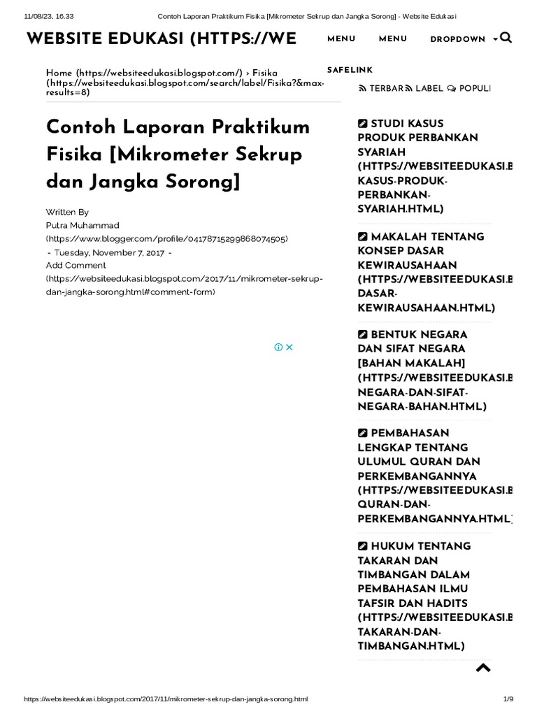 Contoh Laporan Praktikum Fisika (Mikrometer Sekrup Dan Jangka Sorong) - Website Edukasi | PDF