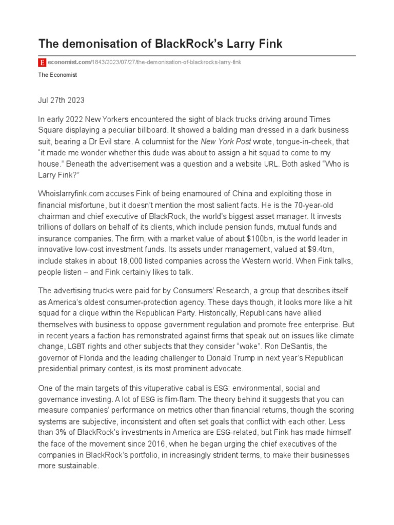 The Demonisation of BlackRock's Larry Fink | PDF
