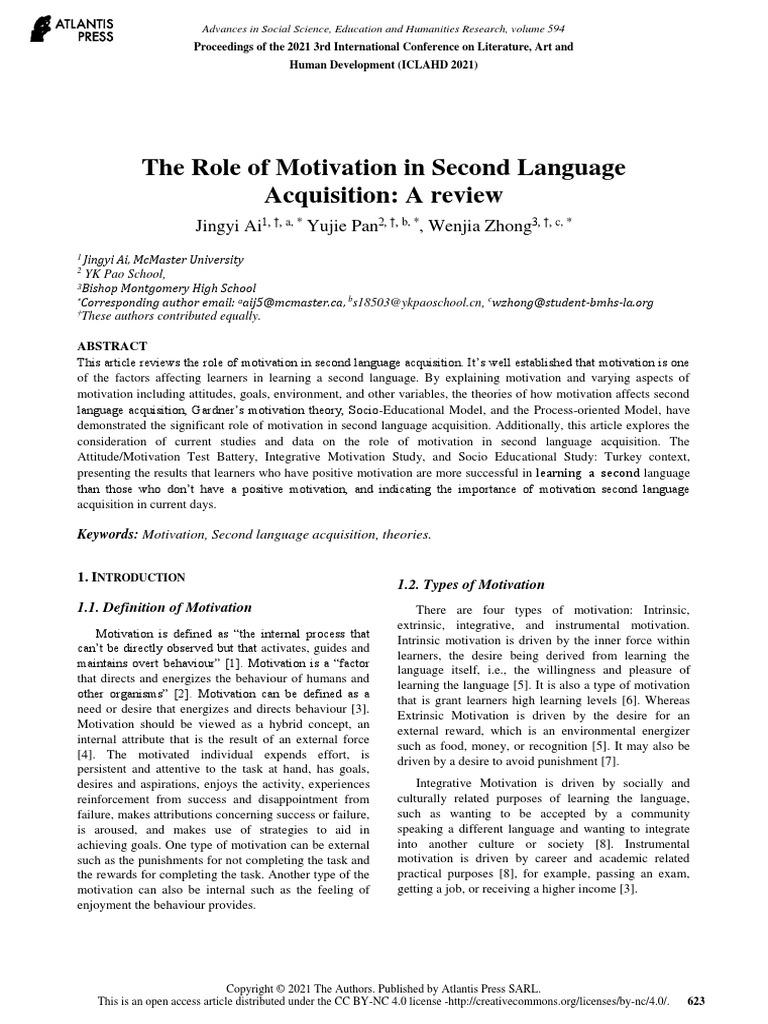 The Role of Motivation in Second Language Acquisition: A Review | PDF