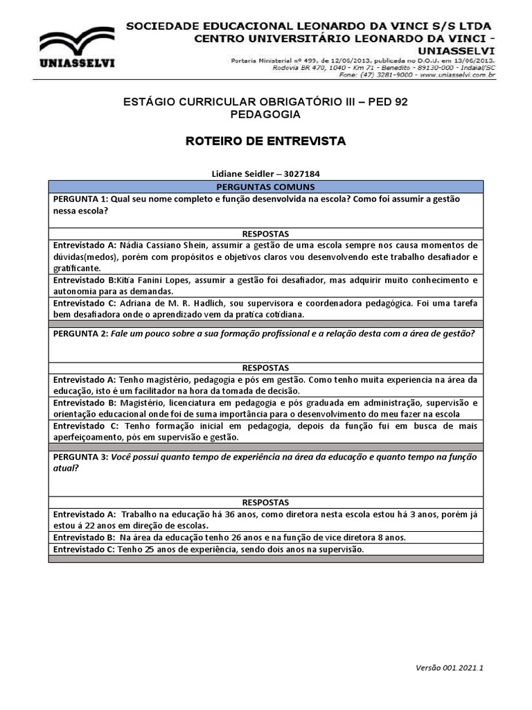 Roteiro de Entrevista - Estágio III PED | PDF