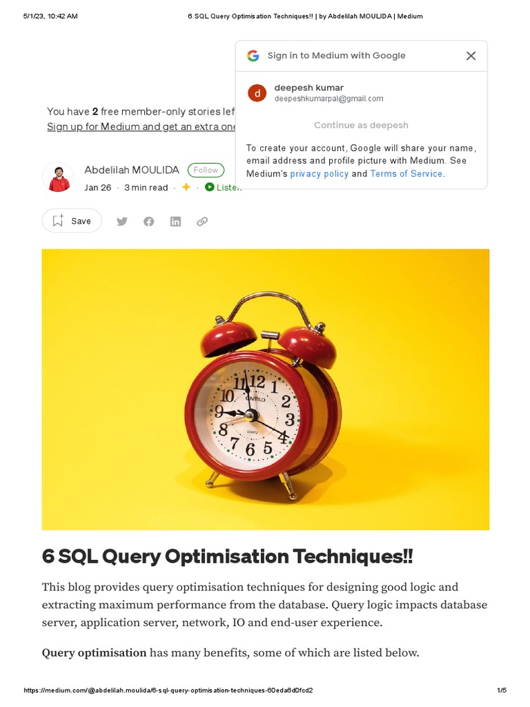 6 Sql Query Optimisation Techniques By Abdelilah Moulida Medium Pdf Database Index