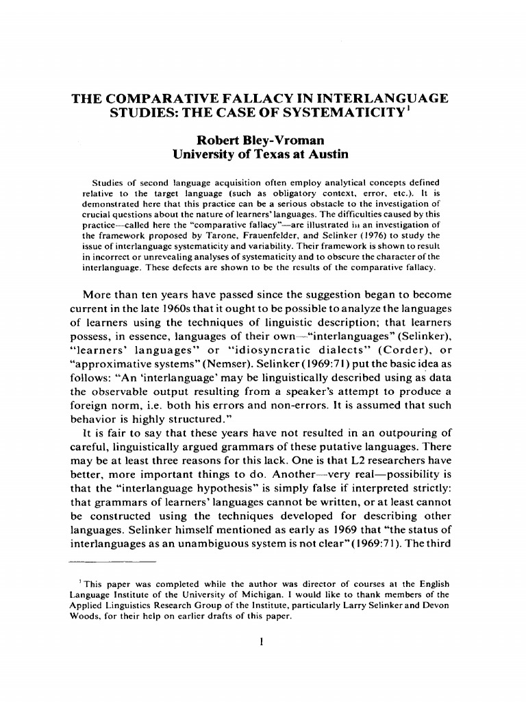 BLEY-VROMAN The Comparative Fallacy in Interlanguage Study | PDF ...