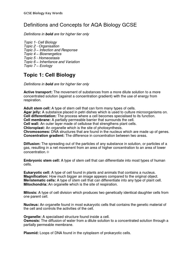 Biology GCSE Key Words | PDF