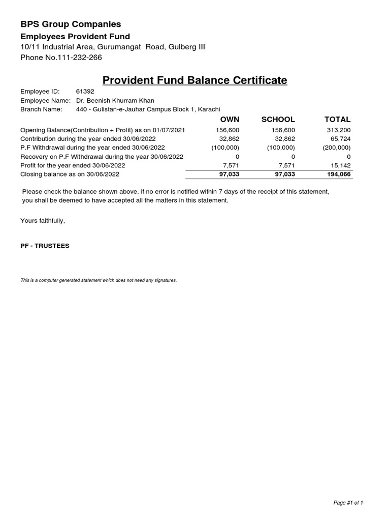 Provident Fund Balance Certificate: BPS Group Companies | PDF