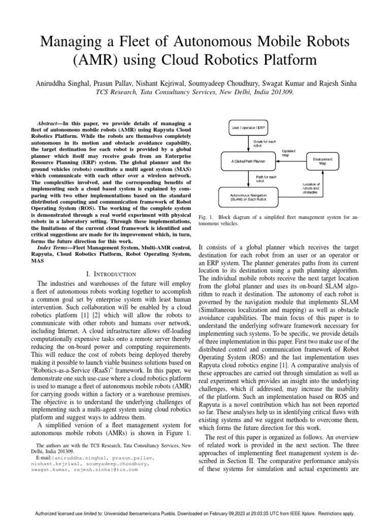 Managing A Fleet Of Autonomous Mobile Robots Amr Using Cloud Robotics Platform Pdf