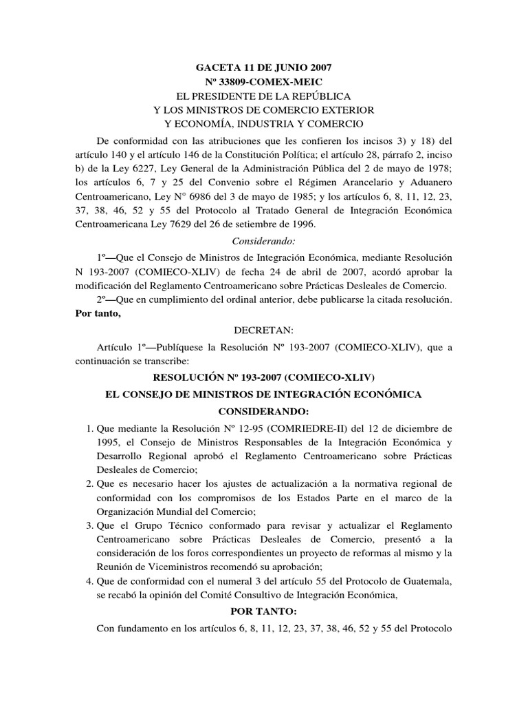 21 - 33809-COMEX-MEIC Resol #193-2006 (COMIECO) RTCA Practicas Desleales Comercio | PDF