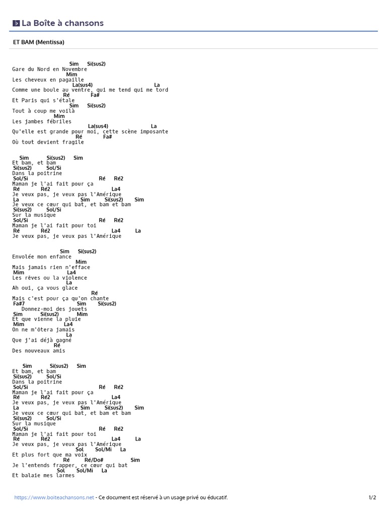 Et Bam - Mentissa - La Boîte À Chansons | PDF | Compositions musicales | Musicologie