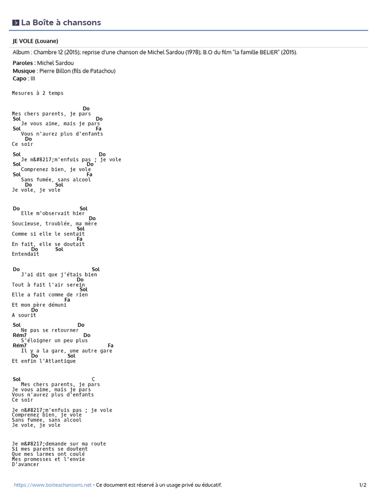 Je Vole - Louane - La Boîte À Chansons | PDF | Poésie