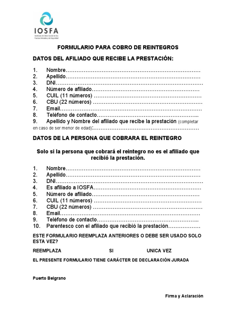 Formulario de Reintegro IOSFA | PDF