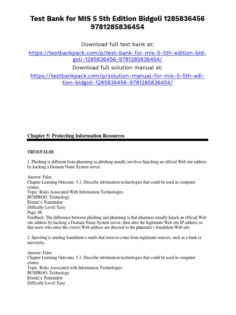 MIS 5 5th Edition Bidgoli Test Bank 1 | PDF