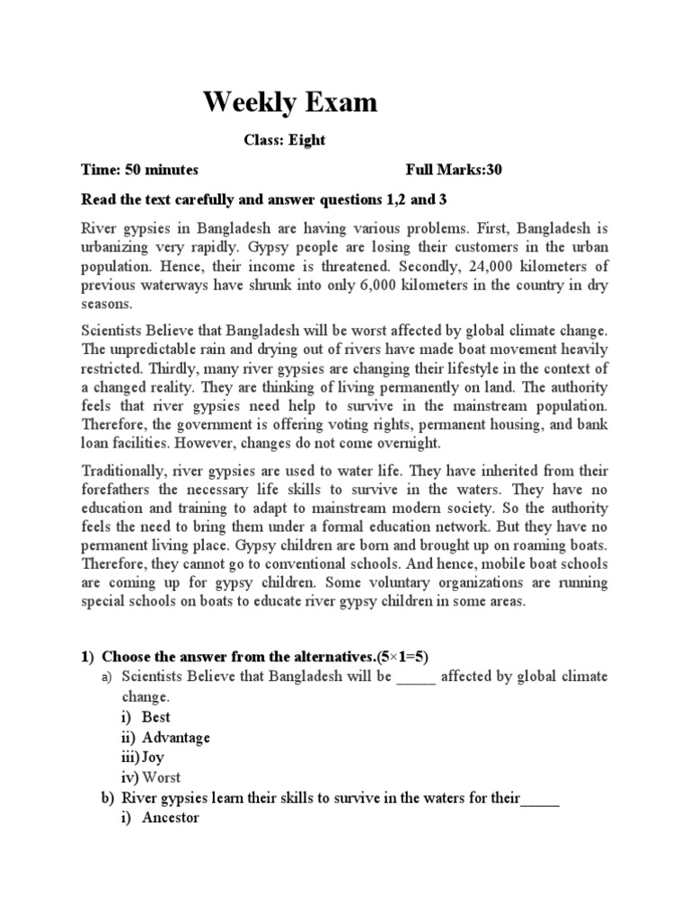 Weekly Exam For Class 8 | PDF