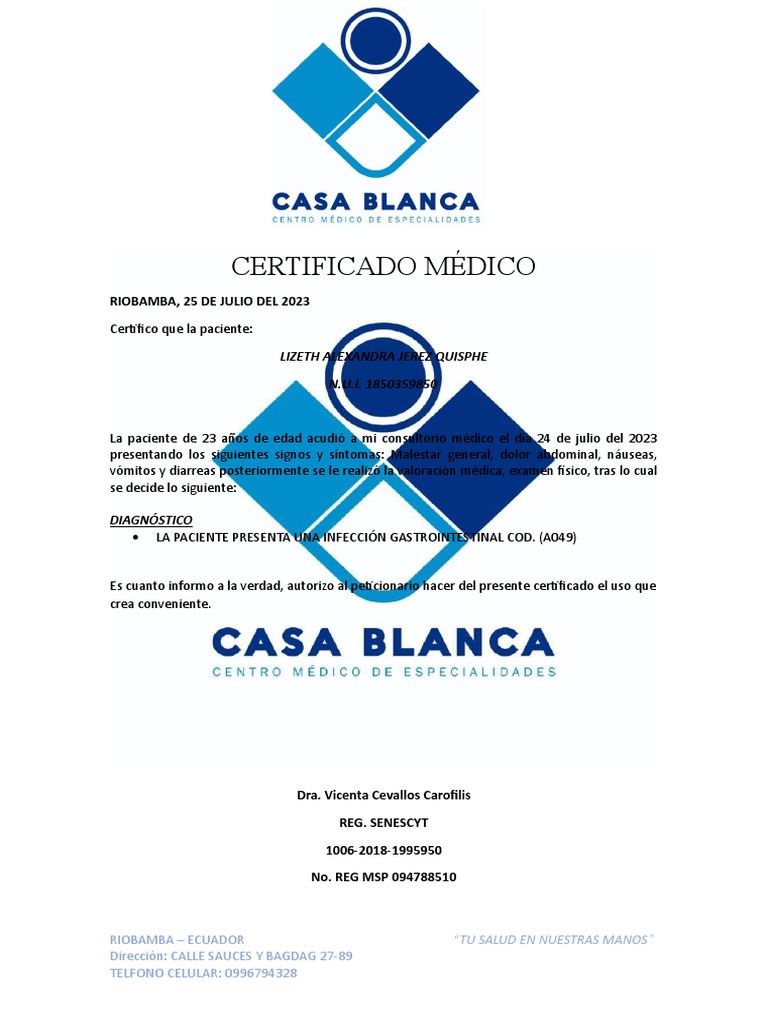Certificado Médico 2 | PDF | Ciencia y matemáticas | Estilo de vida