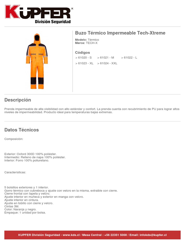 Ficha Producto Buzo Termico Impermeable Tech Xtreme 61020 | PDF
