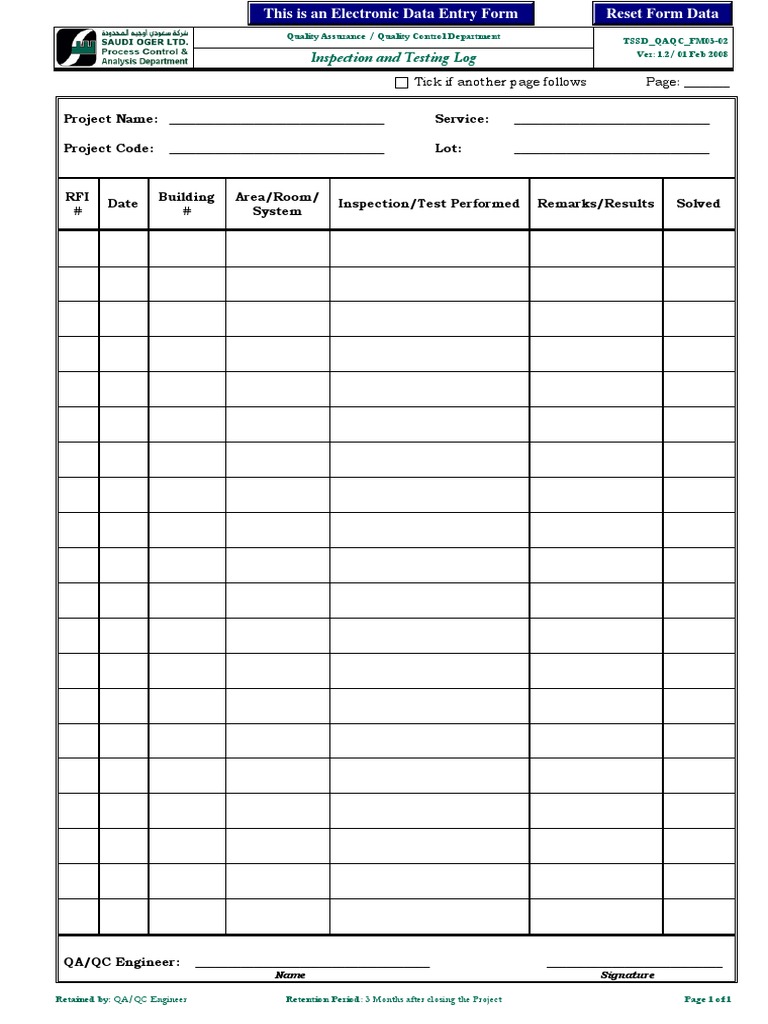 QA/QC Inspection and Testing Log | PDF