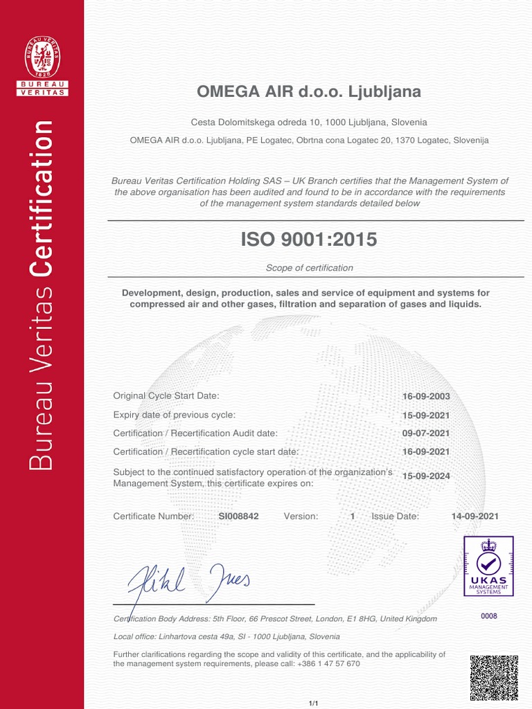 Omega Air Certificate of Conformity ISO 9001-2015-RECERT-ENG-14092021 | PDF
