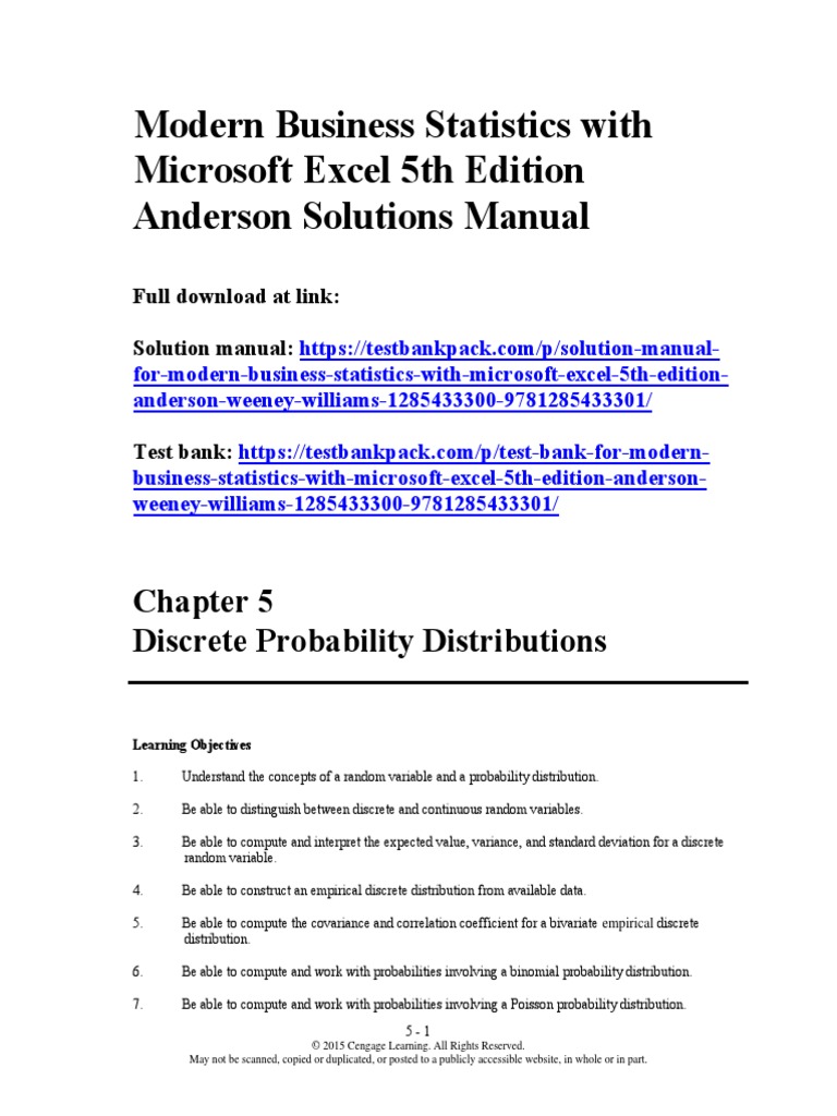 Modern Business Statistics With Microsoft Excel 5th Edition Anderson ...