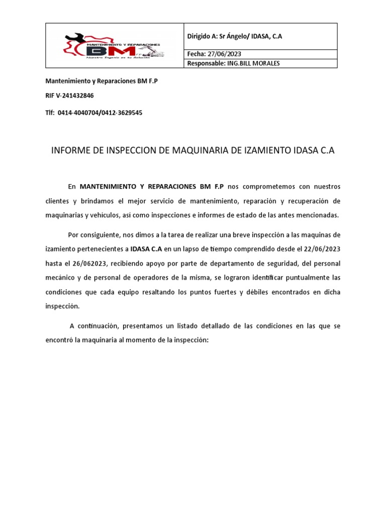 Informe de Recepcion de Maquinaria Idasa | PDF
