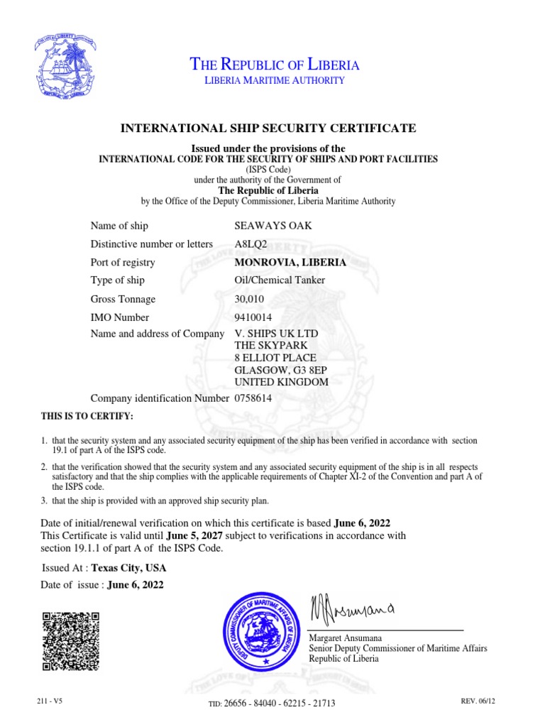 ISSC - International Ship Security Certificate Full Term - Unlocked | PDF