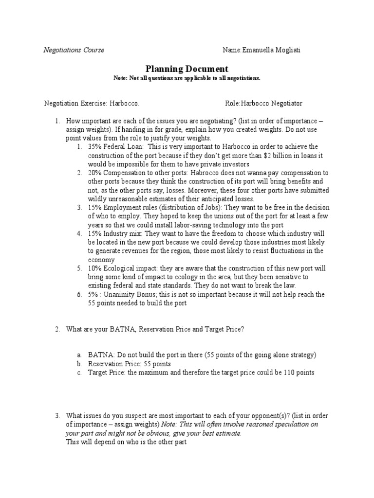 Negotiations planning document Harbocco | PDF