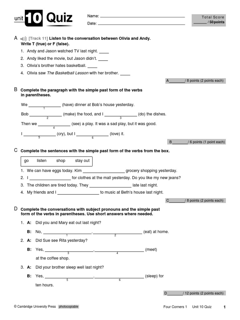 Four Corners Second Edition - Level 1 - Q10 | PDF | Syntax | Grammar
