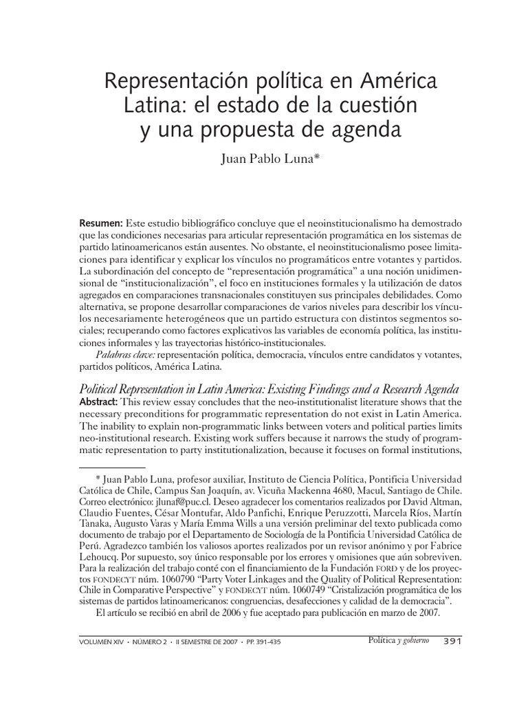 Representación Política en América Latina El Estado de La Cuestión y ...