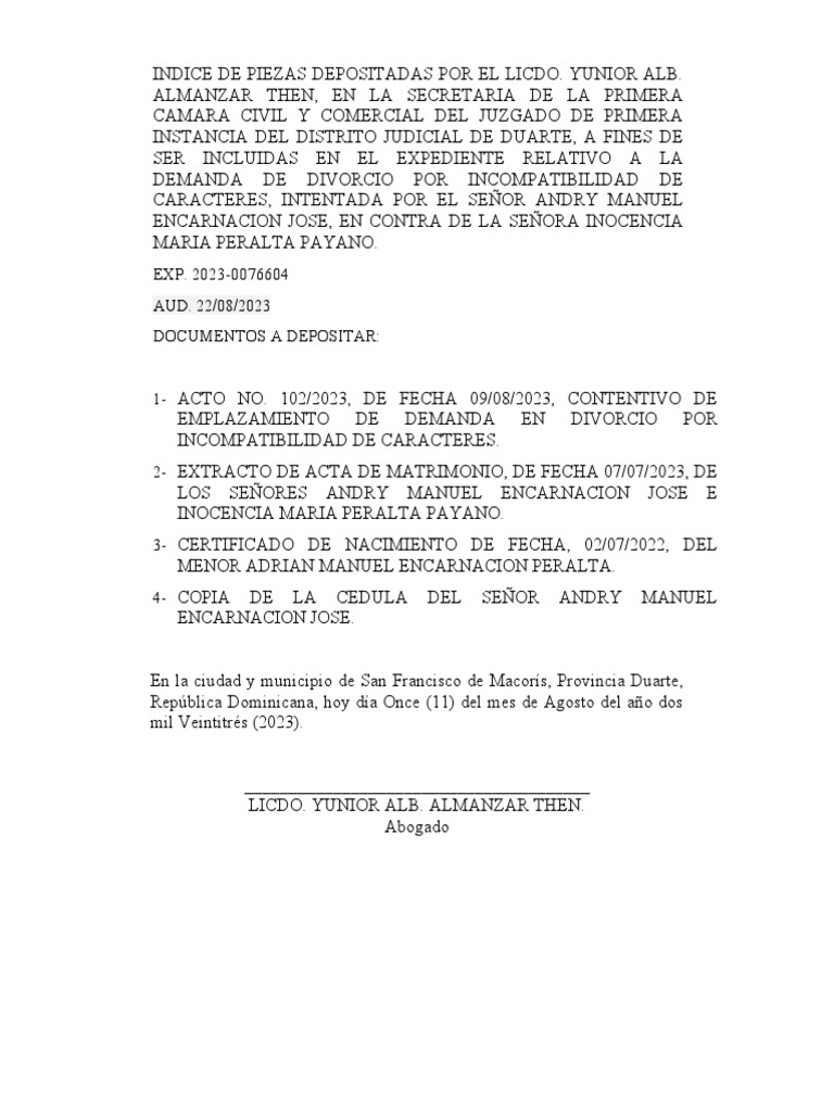 Indice de Piezas Divorcio Andry Manuel Encarnacion Jose | PDF | Derecho