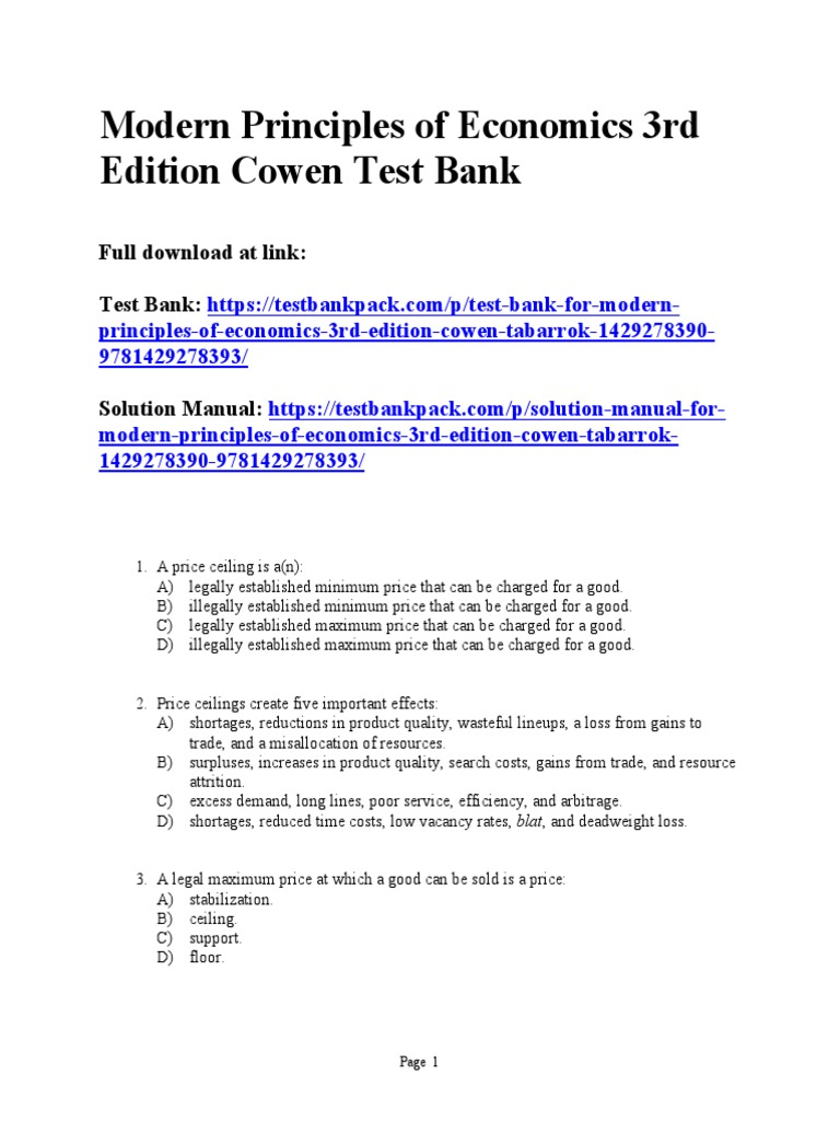 Modern Principles of Economics 3rd Edition Cowen Test Bank 1 | PDF
