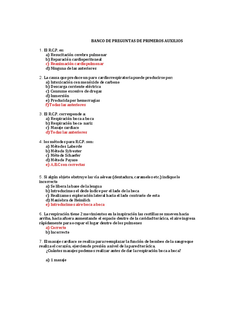 Banco de Preguntas Primeros Auxilios 2023 | PDF | Reanimación cardiopulmonar | Especialidades ...