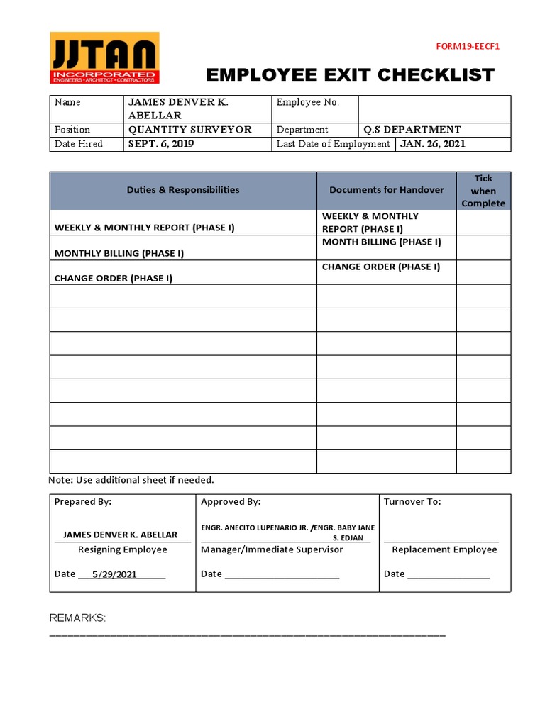 20-EECF1 (EMPLOYEE EXIT CHECKLIST FORM) | PDF