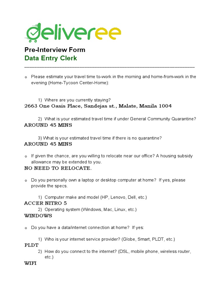 Pre - Interview Form - Data Entry Clerk | PDF