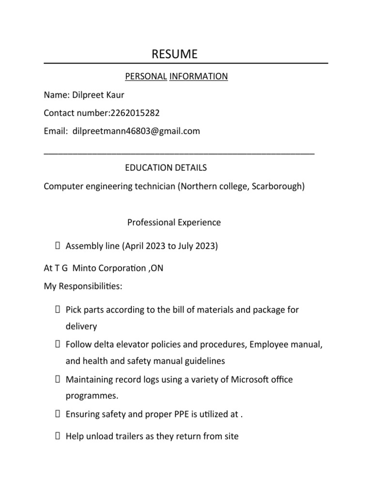 Dilpreet Kaur Resume | PDF | Career & Growth