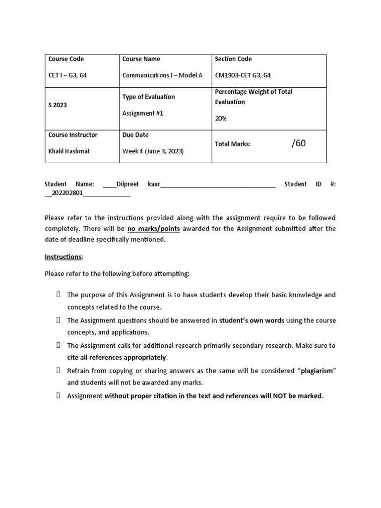 Dilpreet Kaur, ST Id 202202801, CM1903-CET G3, G4-Communications I - Model A-Assignment#1 | PDF