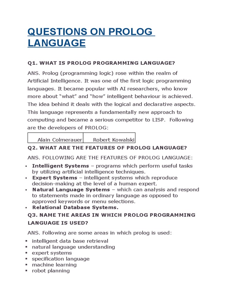 Questions On Prolog Language Download Free Pdf Artificial Intelligence Intelligence Ai 
