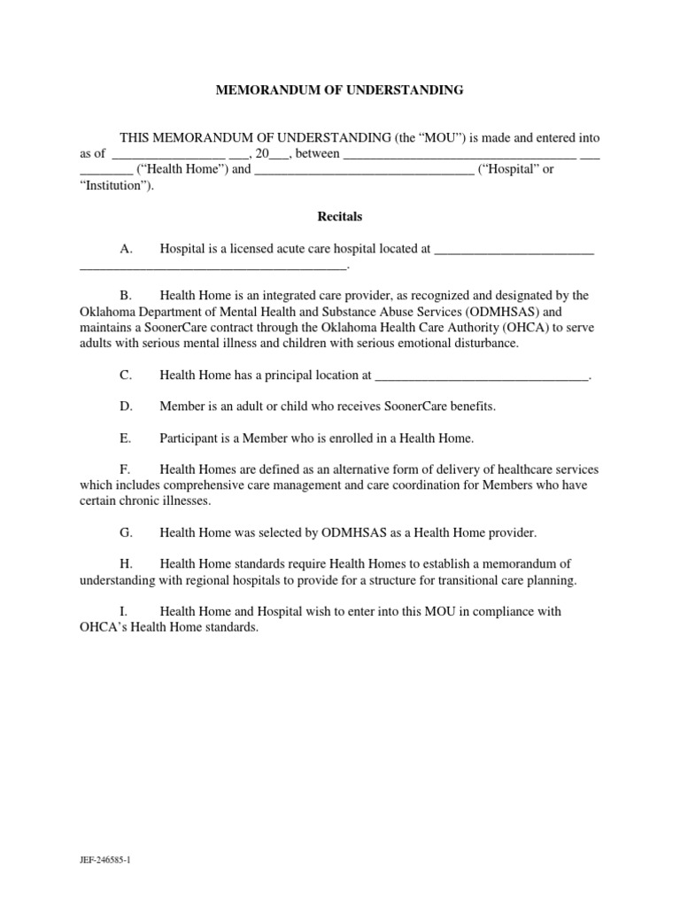 Health Home and Hospital MOU Agreement | PDF | Business | Law