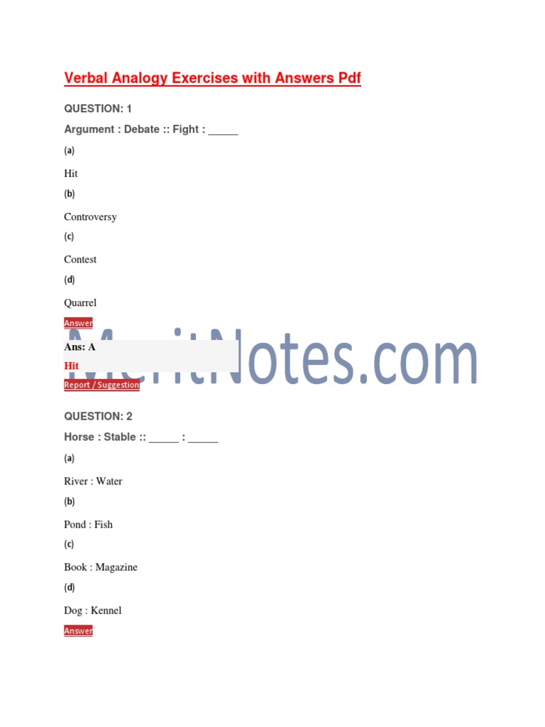 Verbal Analogy Exercises With Answers | PDF