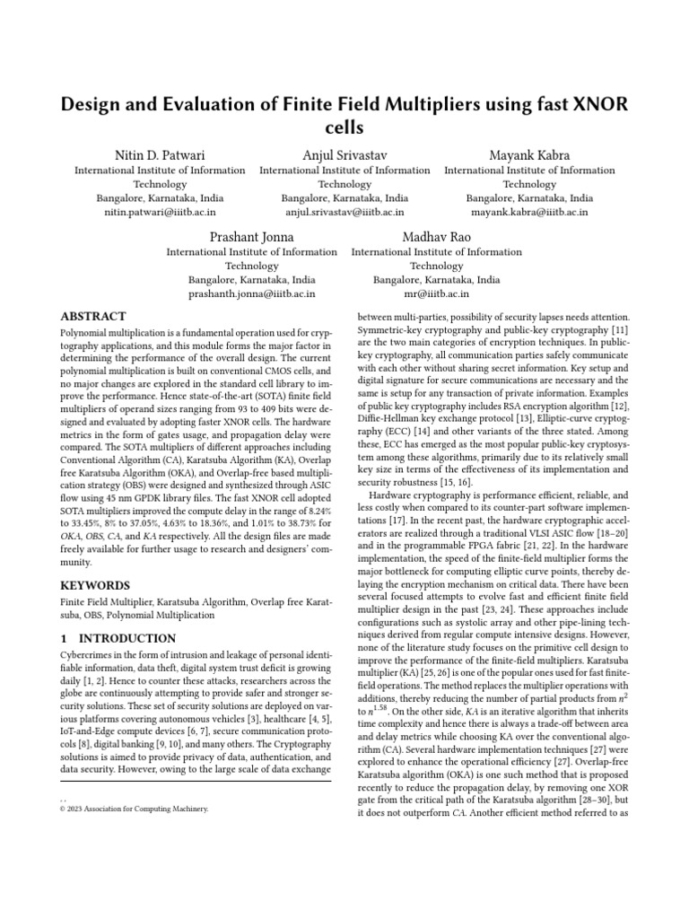Design and Evaluation of Finite Field Multipliers Using Fast XNOR Cells | PDF | Cryptography ...