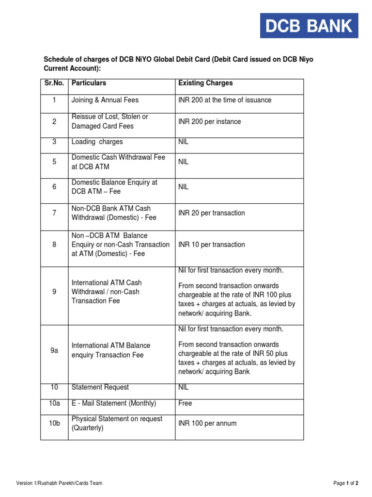 NiYO DCB Global Card Charges Overview | PDF