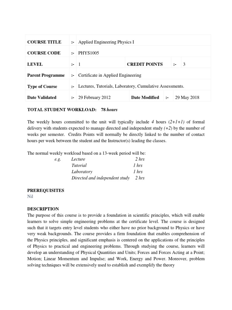 PHYS1005 - Applied Engineering Physics I | PDF | Force | Momentum