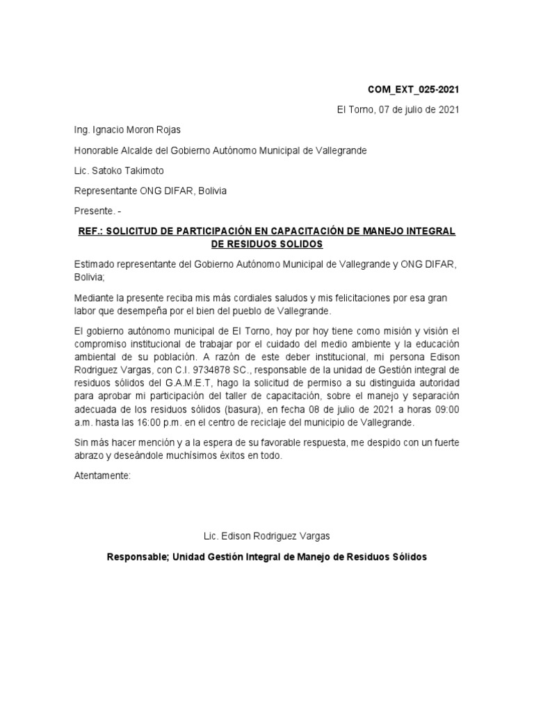 Carta - Alcalde Vallegrande - 2021 | PDF