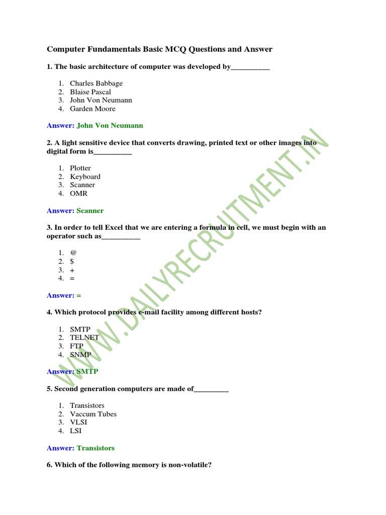 Computer Fundamentals Basic MCQ Questions and Answer | PDF | Computer Data Storage | Computer Memory